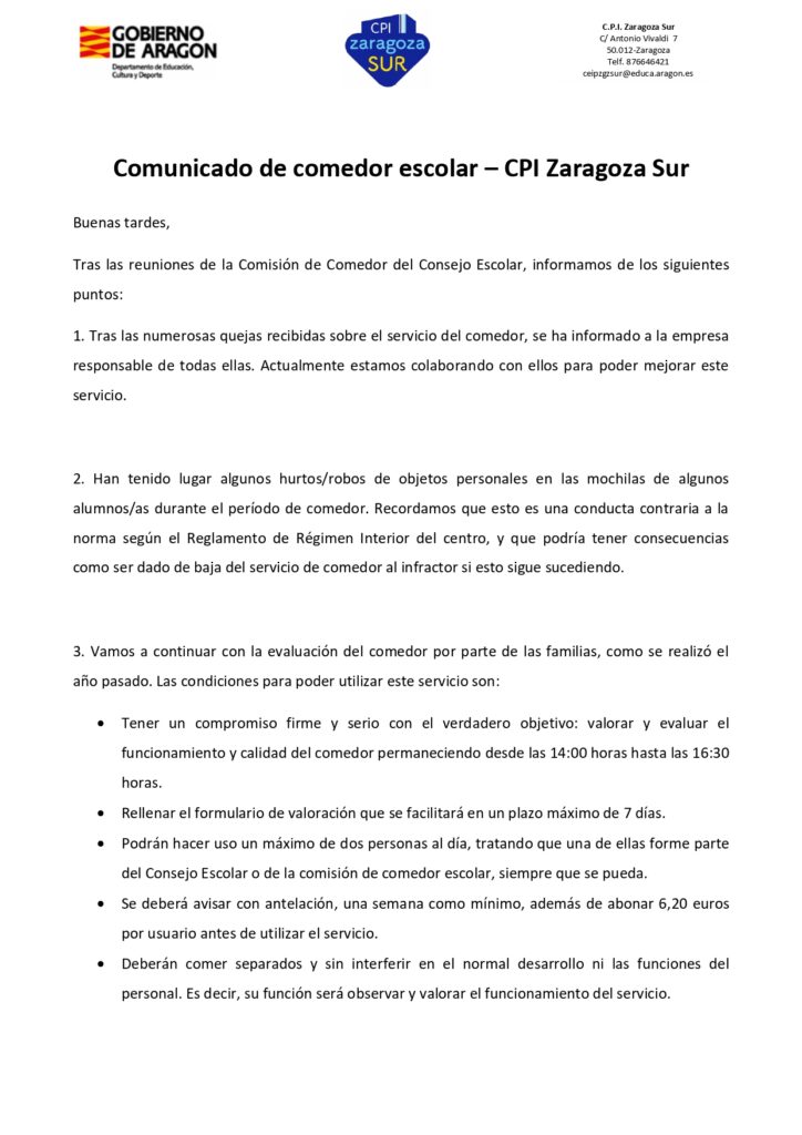 Comunicado Comedor escolar – CPI Zaragoza Sur
